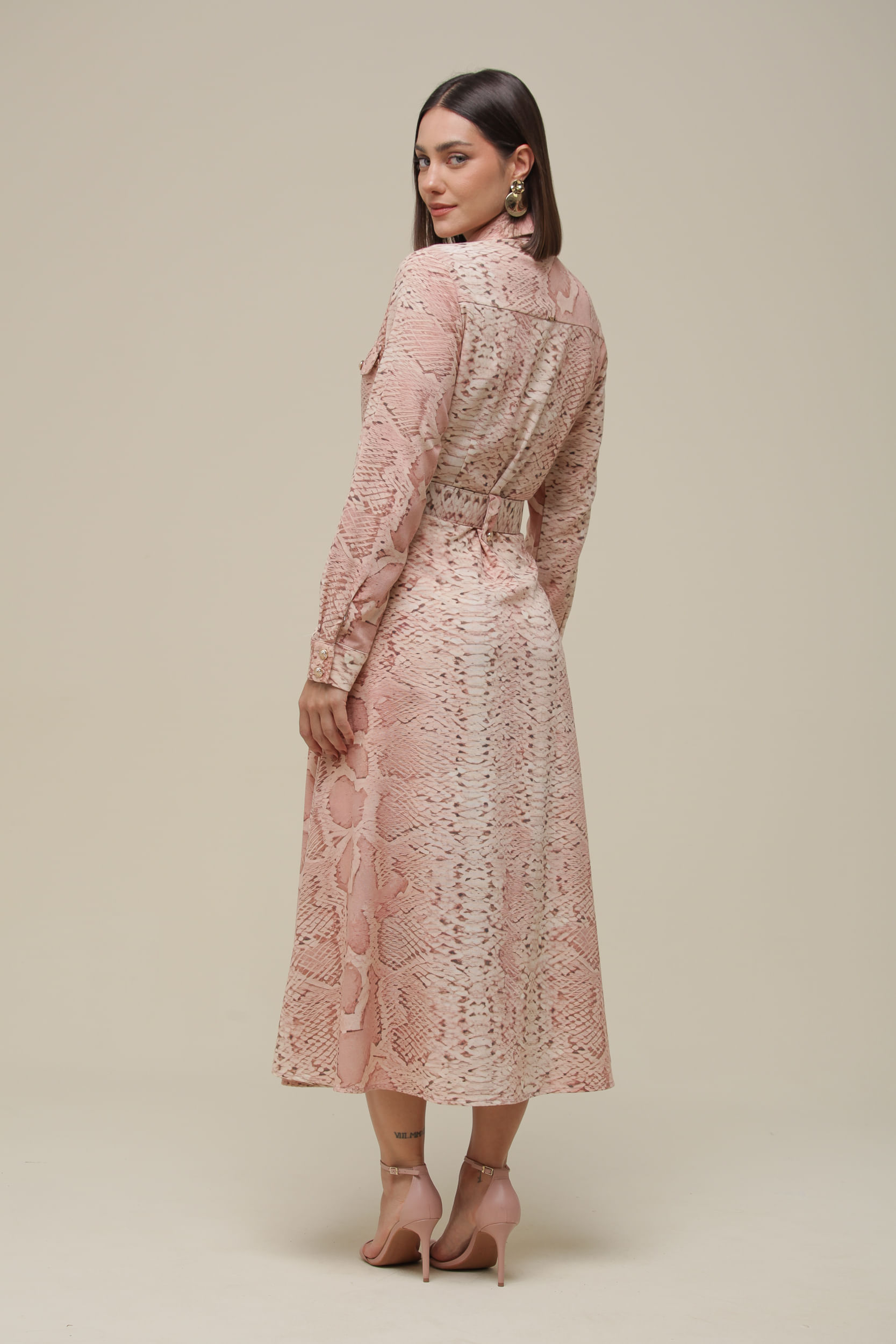 Vestido Linho Manga Longa Animal Print ROSÊ - Mamô