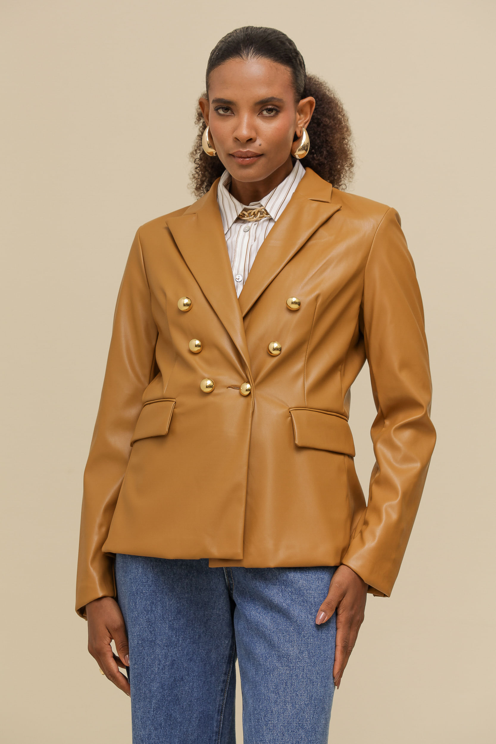 Blazer De Pu Transpassado Camel - Mamô